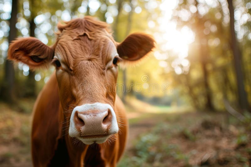 Cow in Forest with Sun Rays Shining through Trees. Stock Image - Image ...