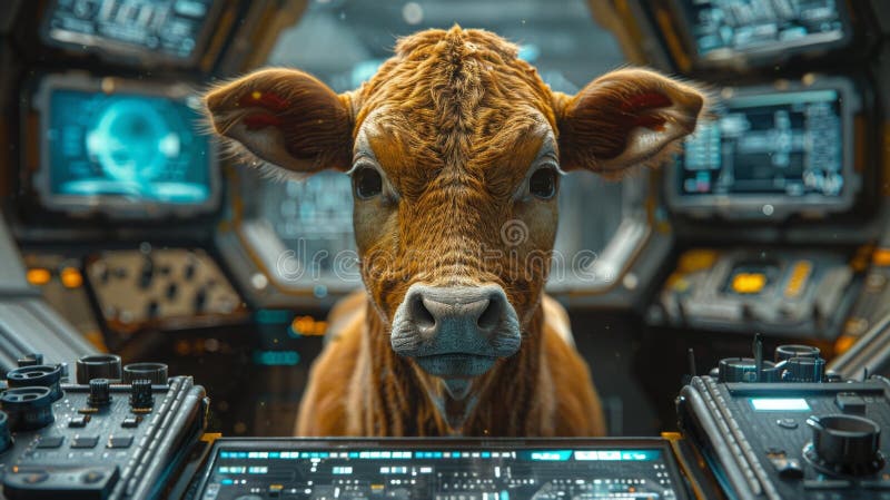Cow in a Futuristic Cockpit - Generative Ai Stock Illustration ...