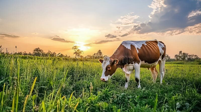 Cow Grazing Sunset Meadow Idyllic Farm Stock Photo - Image of animal ...