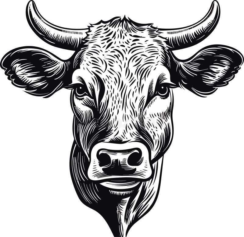 Cow Head with Horns Logotype Engraving Style Isolated Vector Stock ...