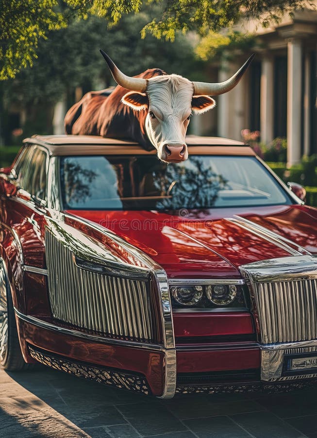 A Cow on the Hood of a Car. Stock Illustration - Illustration of ...