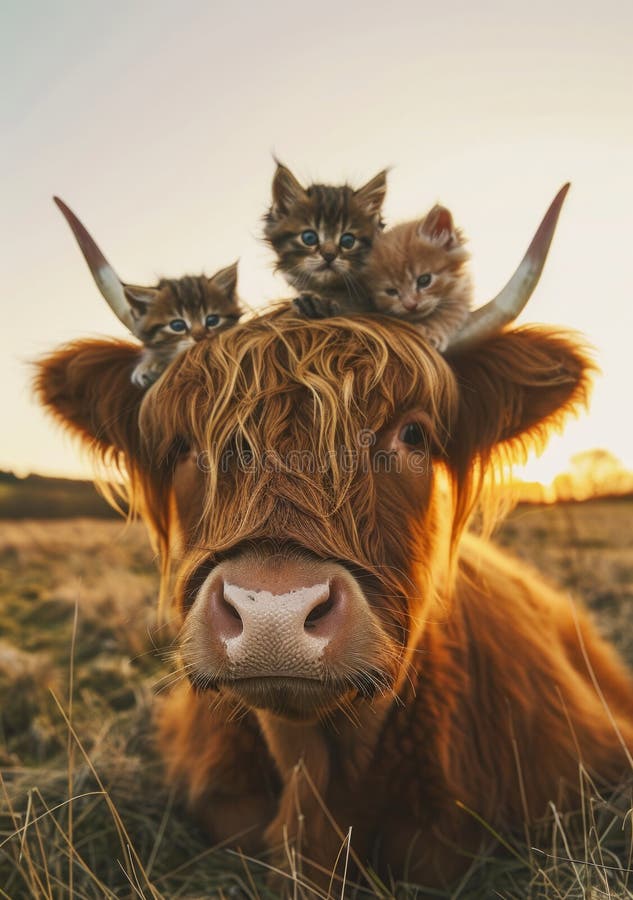 A Cow with Kittens on Its Head Stock Image - Image of livestock, cattle ...