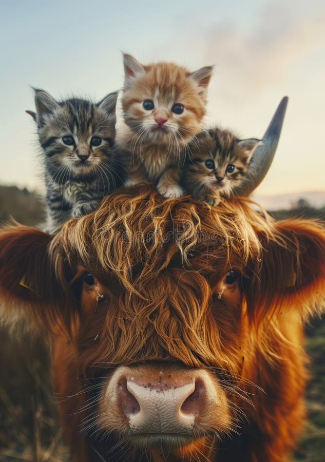 A Cow with Kittens on Its Head Stock Image - Image of stand, trumpet ...