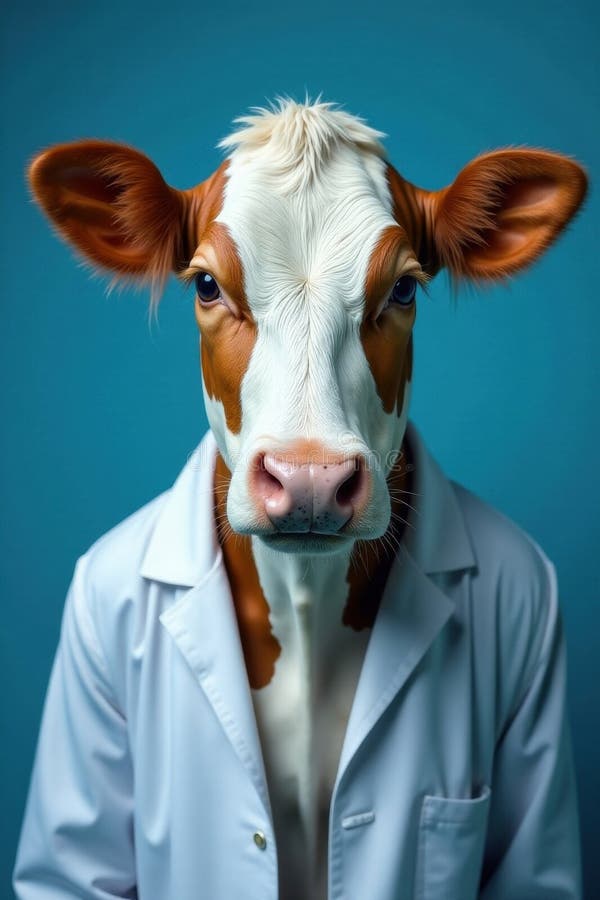 Cow in Lab Coat, Human Features, Blue Backdrop , Eye Catching, Droll ...