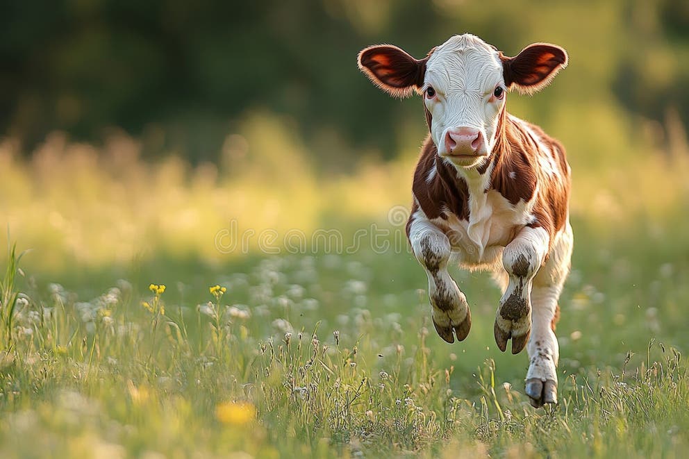 A Cow Leaping in a Field, Playful and Dynamic, Natural Setting Stock ...