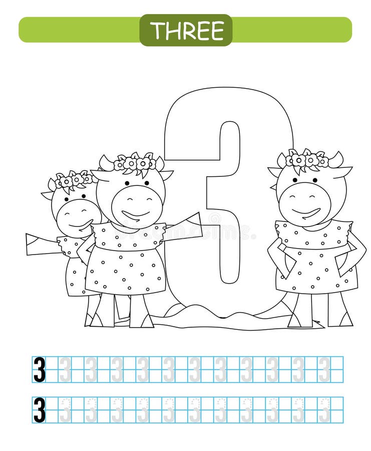 Three. Learning Number 3. Coloring Printable Worksheet for Kindergarten ...