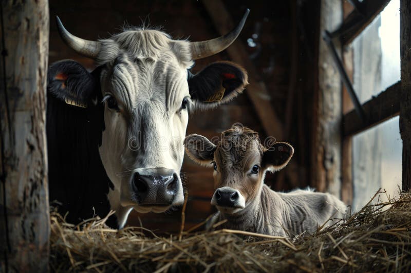 Cow and Little Calf in the Cowshed on Hay Stock Illustration ...