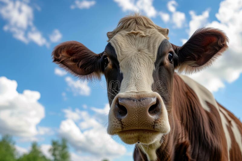 Cow Looking at Camera Against Blue Sky Background. Stock Image - Image ...
