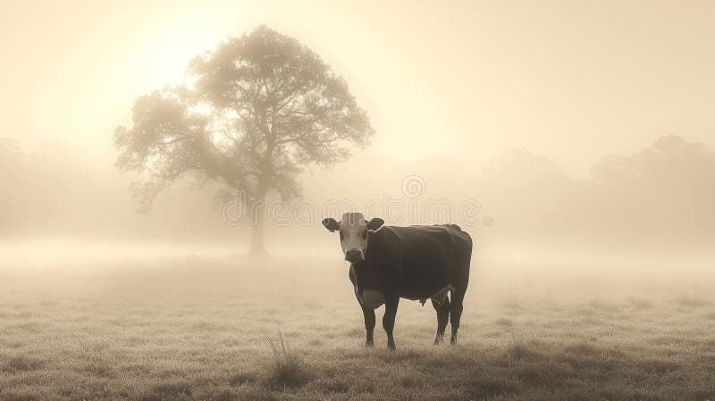 Cow in Misty Pasture at Sunrise Generative AI Stock Illustration ...