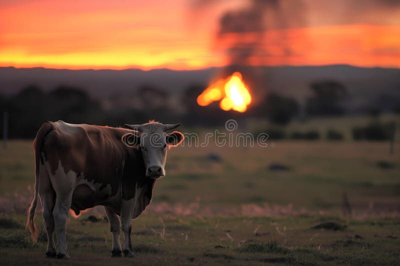 Cow in Paddock, Orange Glow from Fire in the Background Stock Image ...