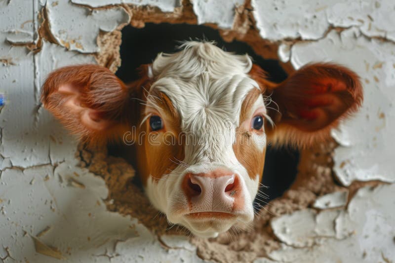 A Cow Peeks through a Hole in the Wall Stock Photo - Image of farm ...