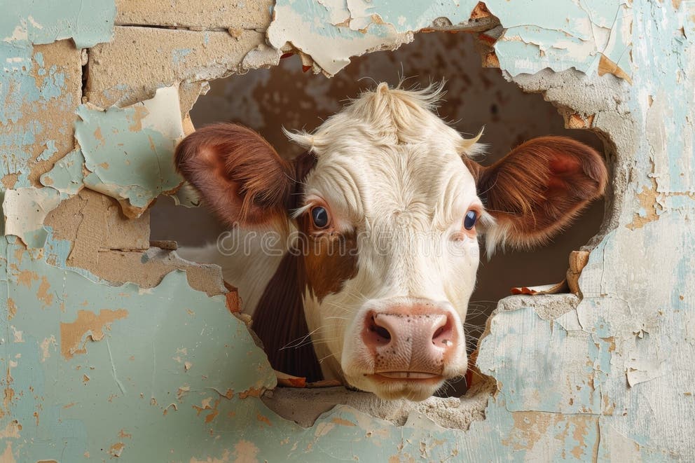 A Cow Peeks through a Hole in the Wall Stock Image - Image of wall ...