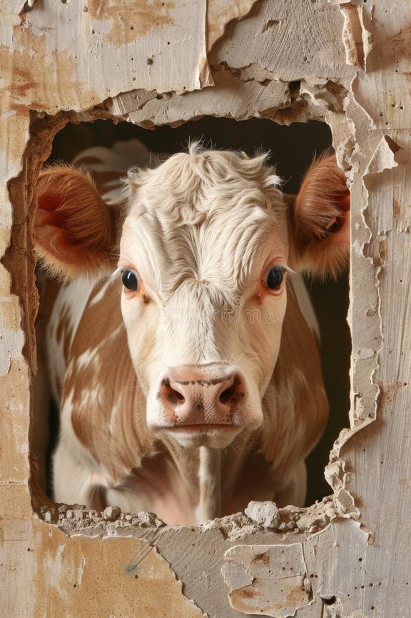 A Cow Peeks through a Hole in the Wall Stock Photo - Image of livestock ...
