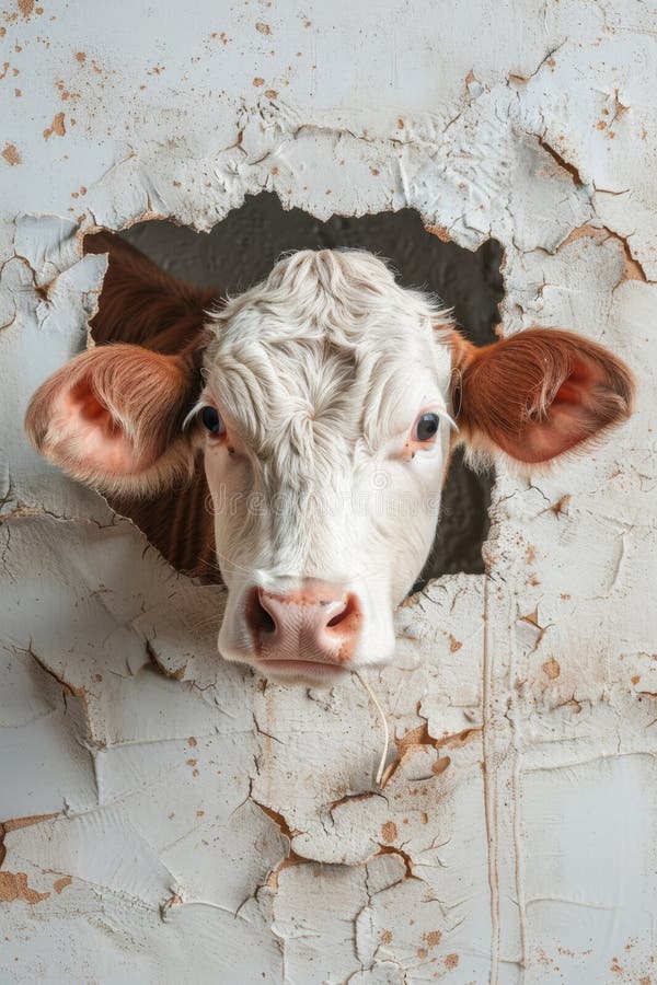 A Cow Peeks through a Hole in the Wall Stock Photo - Image of alone ...