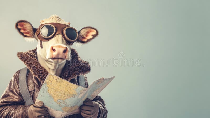 Cow Pilot in Aviator Jacket and Goggles Reading Map in Surreal Setting ...