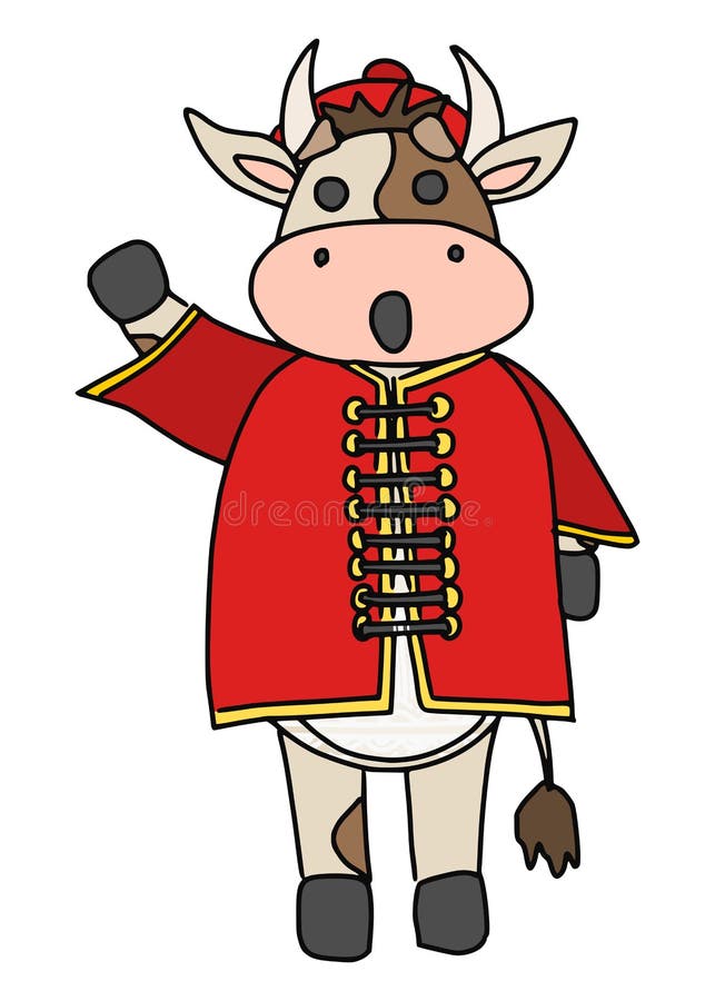 Cow in Red Chinese Suit and Hat. Vector Doodle Stock Vector ...