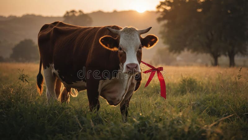 Peaceful Brown and White Cow in Sunset Meadow with Red Ribbon Stock ...
