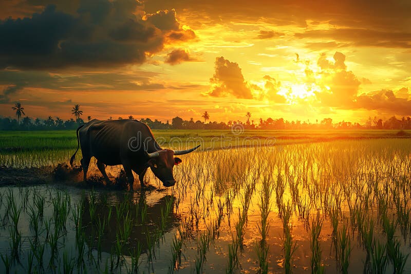 Cow in Rice Field during Sunset, Vibrant Natural Scenery Stock ...