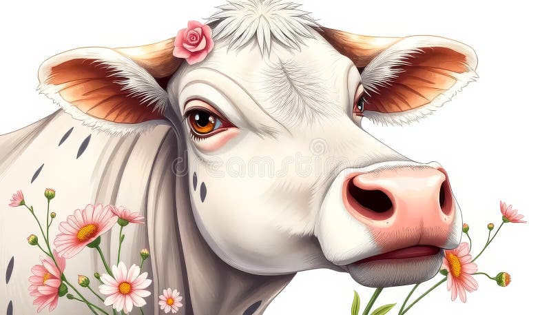 Cow with a Rose on Its Head is Surrounded by Flowers Stock Image ...