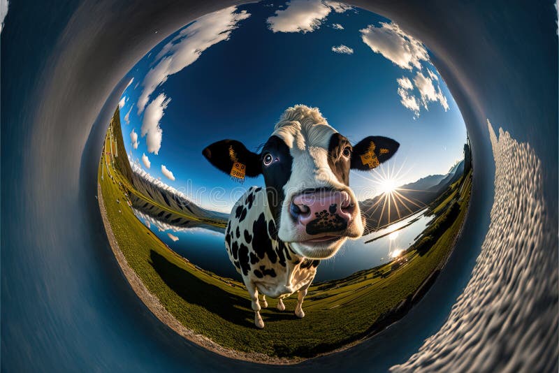 A Cow is Seen through a Fish Eye Lens in a Field of Grass and Water ...