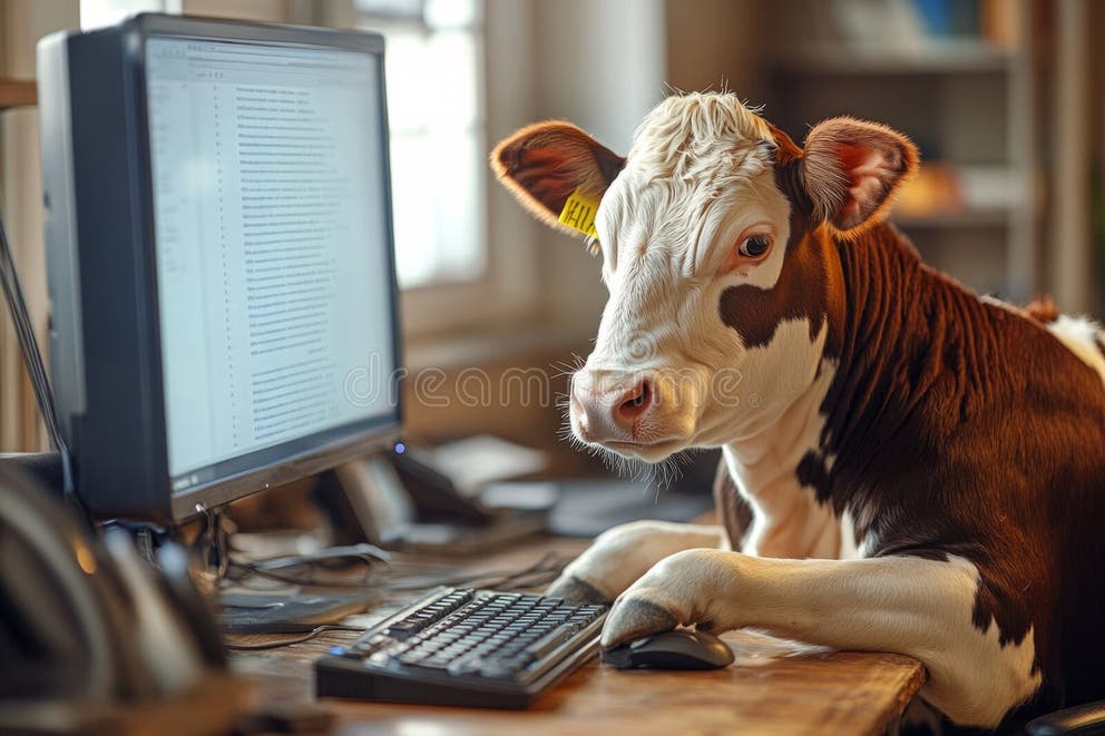 Cow Sitting at Desk, Working on Computer, Using Mouse and Keyboard, in ...