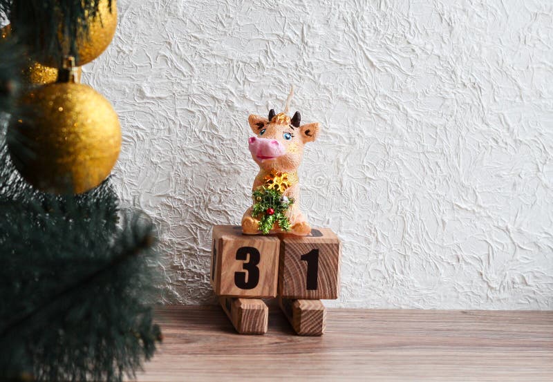 Cow on a Sled with the Number 31. Christmas Background Stock Image ...