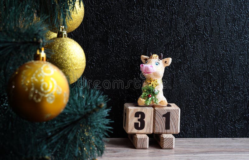 Cow on a Sled with the Number 31. Christmas Background Stock Photo ...