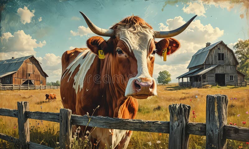 Cow Standing in Field with Barn the Background Stock Illustration ...