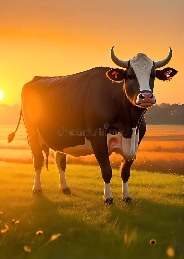 A Cow is Standing in a Field with the Sun Setting Behind Her Stock ...