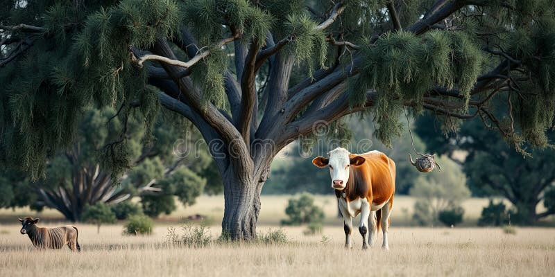A Cow Standing in a Field Under a Large Tree with Another Cow in the ...