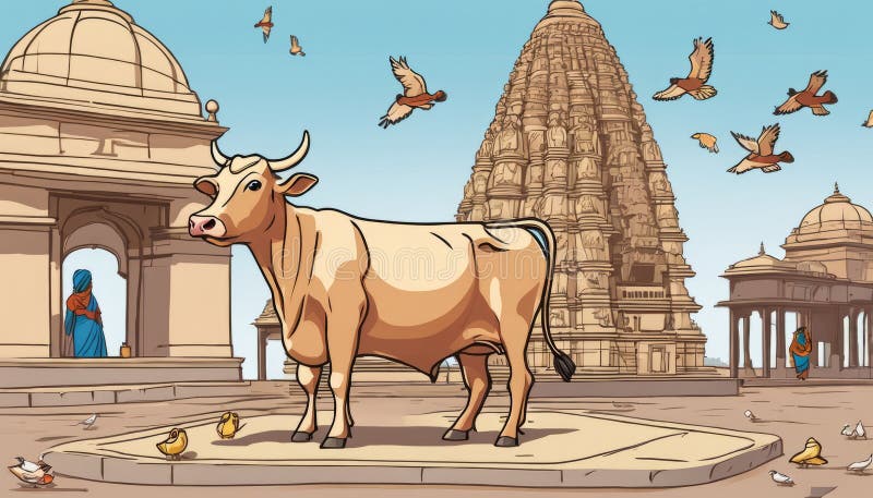 A Cow Standing in Front of a Temple with Birds Flying Around Stock ...