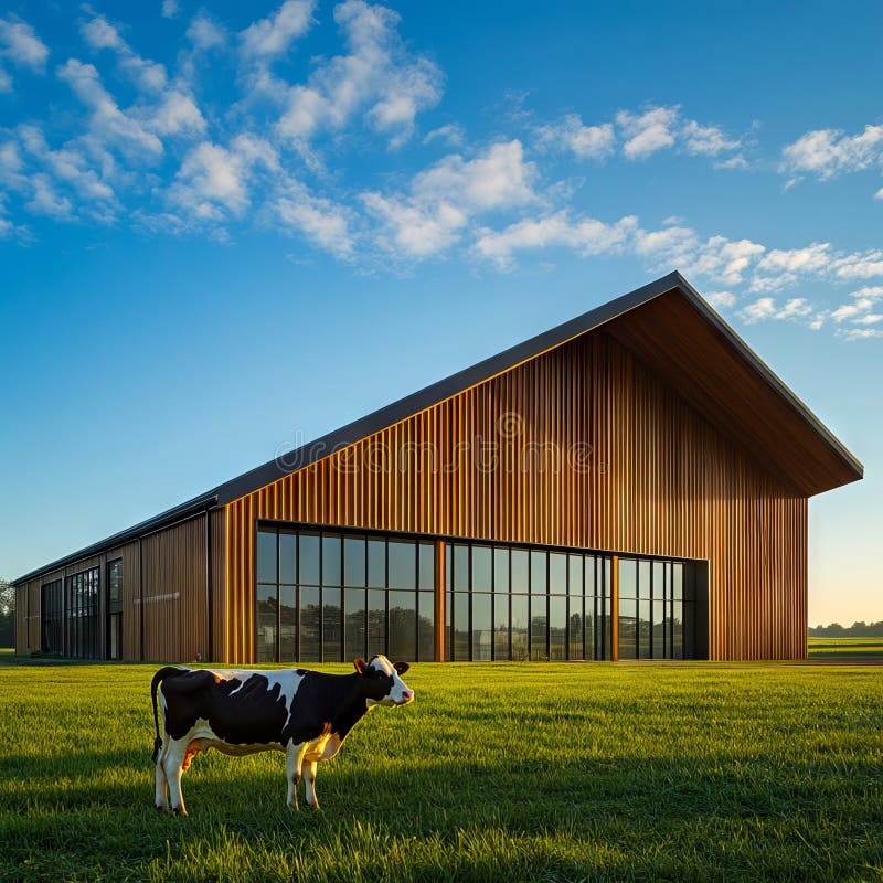 A Cow Standing in a Grassy Field Next To a Building Stock Image - Image ...