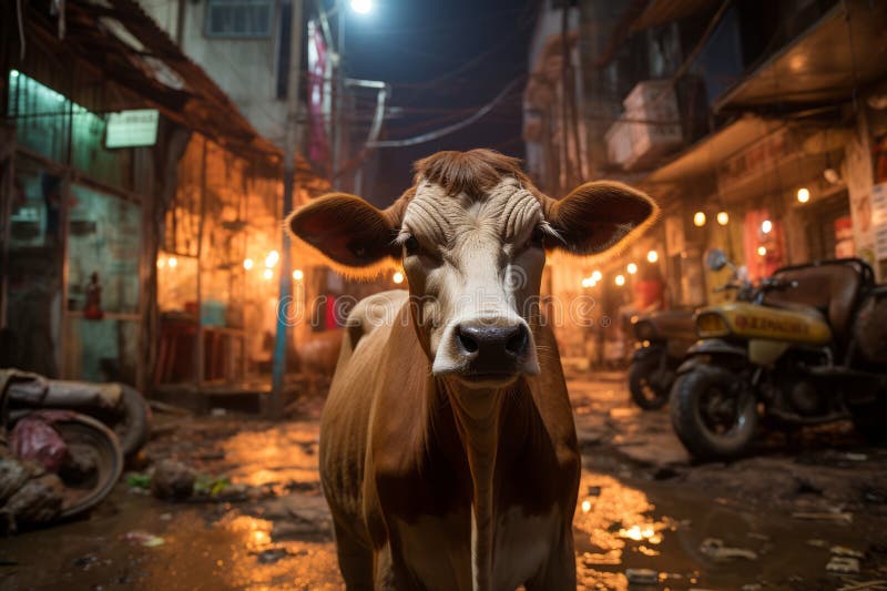 A Cow Standing in the Middle of a Street at Night Stock Photo - Image ...