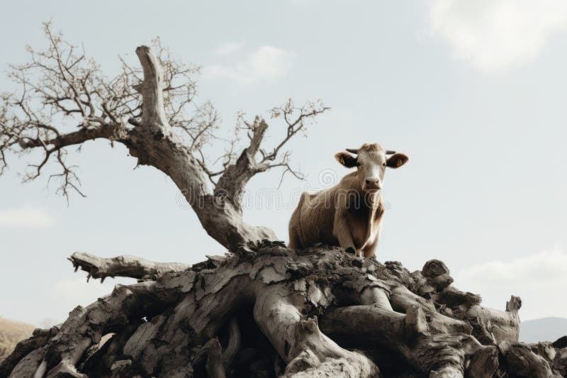 A Cow Standing on Top of a Dead Tree Stock Illustration - Illustration ...