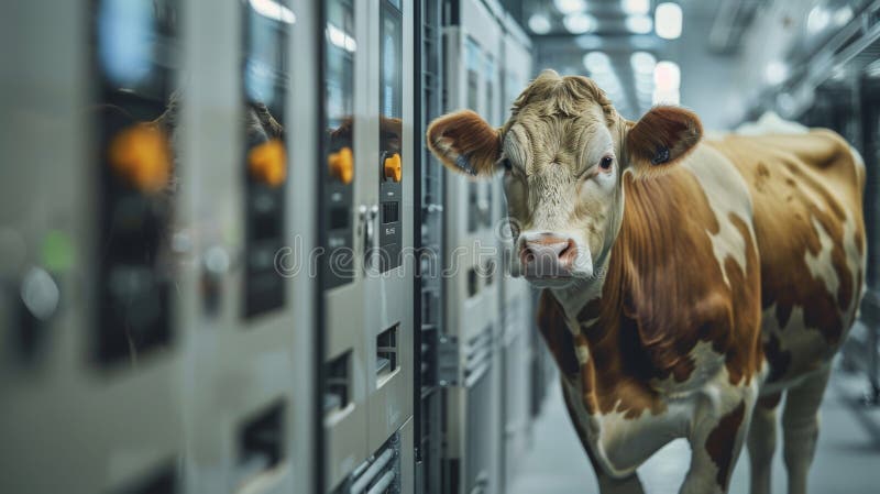 Curious Cow Exploring a Data Center Hallway Stock Illustration ...
