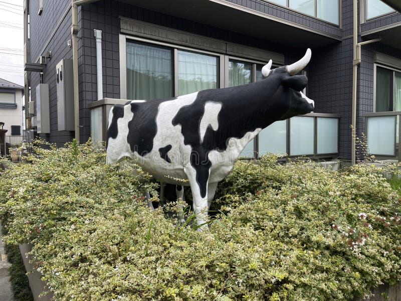 Statue of a Cow in Front of a House in the Bushes Stock Photo - Image ...