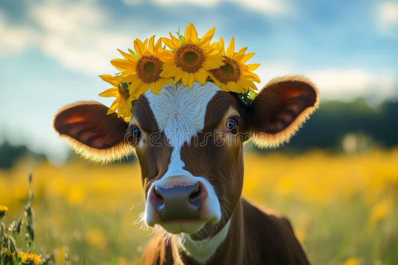 Cow with Sunflower Crown in a Field. Generative AI. Stock Illustration ...