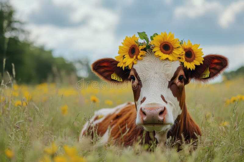 Cow with Sunflower Crown in a Field. Generative AI. Stock Illustration ...