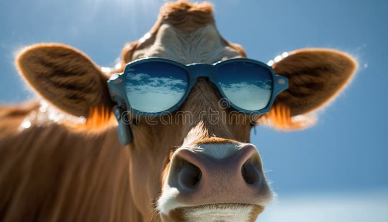 A Cow with Sunglasses on Its Head Looking at the Camera Stock ...