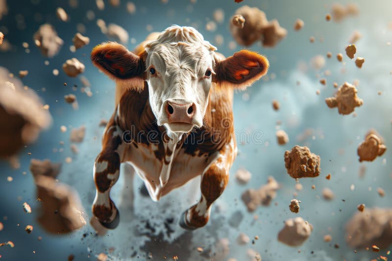 Cow in Superhero Pose Moving through Space Stock Illustration ...