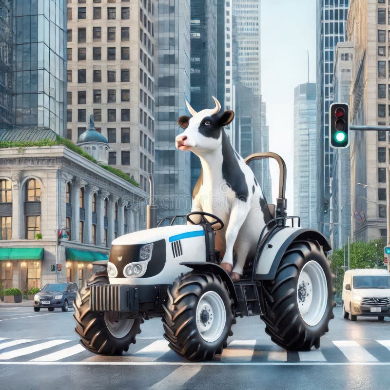 A Cow on a Tractor in the Center of a Metropolis. Stock Image - Image ...