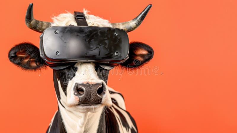 Cow Trying Out Virtual Reality Technology Against a Striking Orange ...