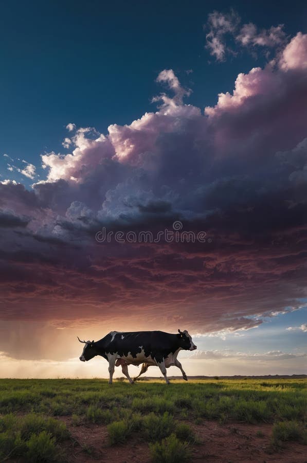Two Cows Running Across Field at Sunset with Dramatic Clouds Stock ...