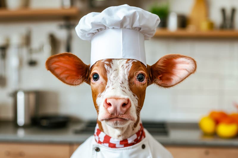 A Cow Wearing a Chef S Hat and Apron in a Kitchen Stock Photo - Image ...