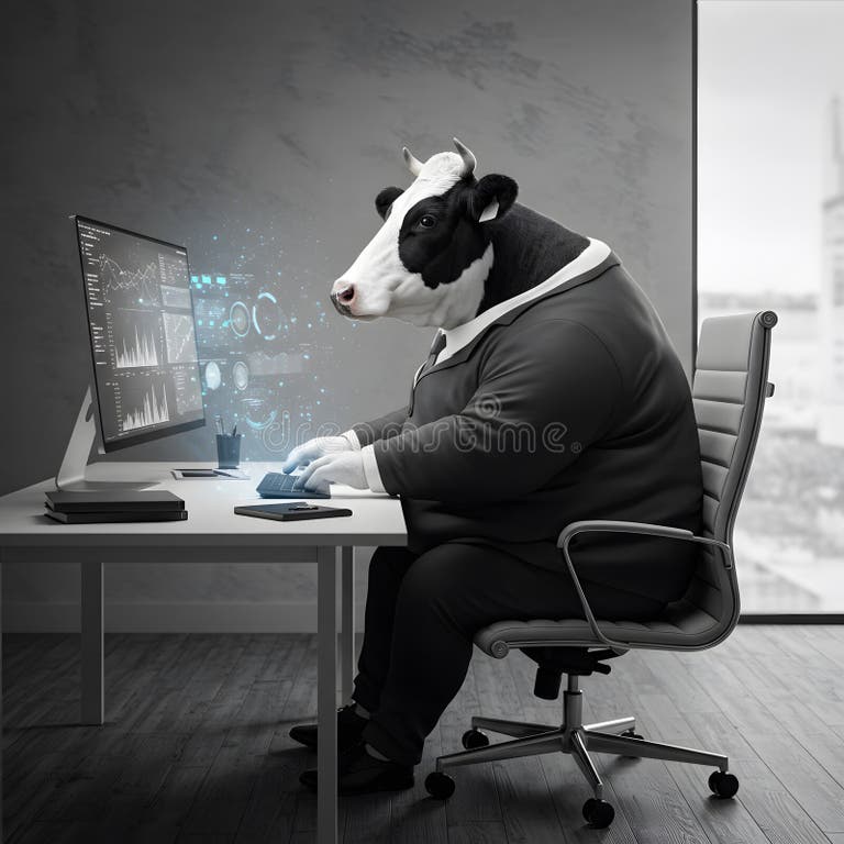Cow in a Suit Working on Computer Data Analytics Stock Illustration ...