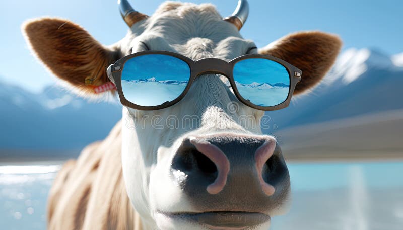 A Cow Wearing Sunglasses with a Mountain in the Back Ground Stock ...