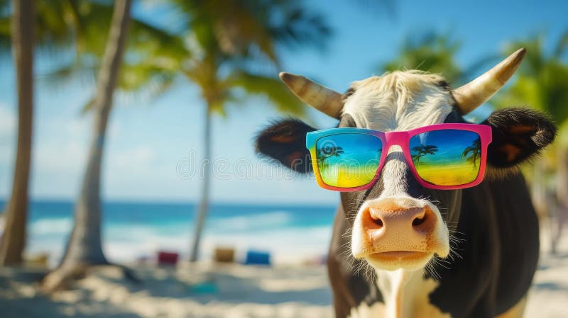 Cow Wearing Sunglasses on a Tropical Beach. Generative AI. Stock ...