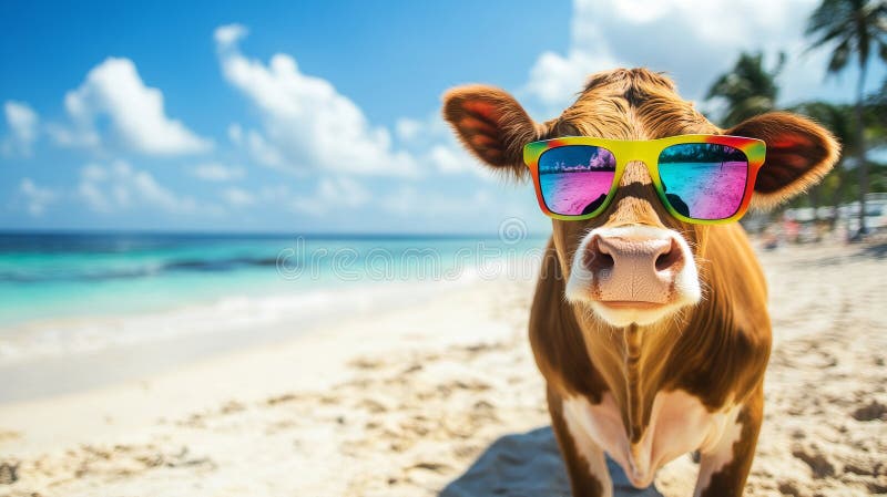 Cow Wearing Sunglasses on a Tropical Beach. Generative AI. Stock ...