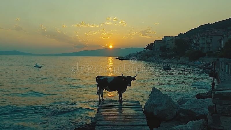 Cow on a Wooden Dock at Sunset by the Sea Stock Illustration ...