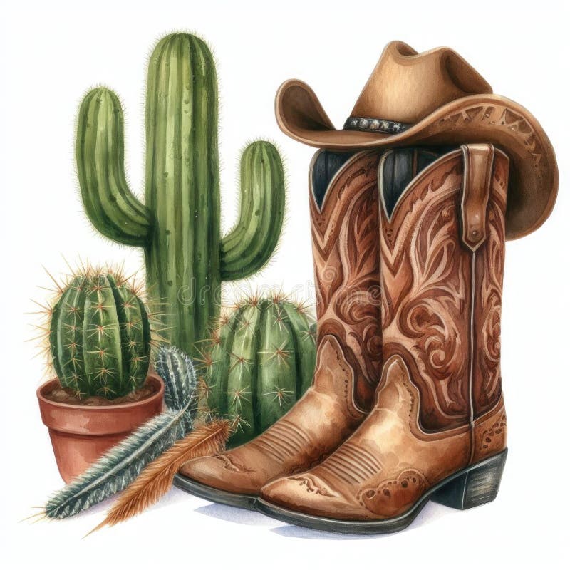 Cowboy Boots, Cactus and Hat. Watercolor Illustration Stock ...